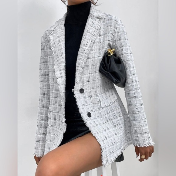 SHEIN | Jackets & Coats | Nwot Shein Plaid Pattern Raw Trim Overcoat ...